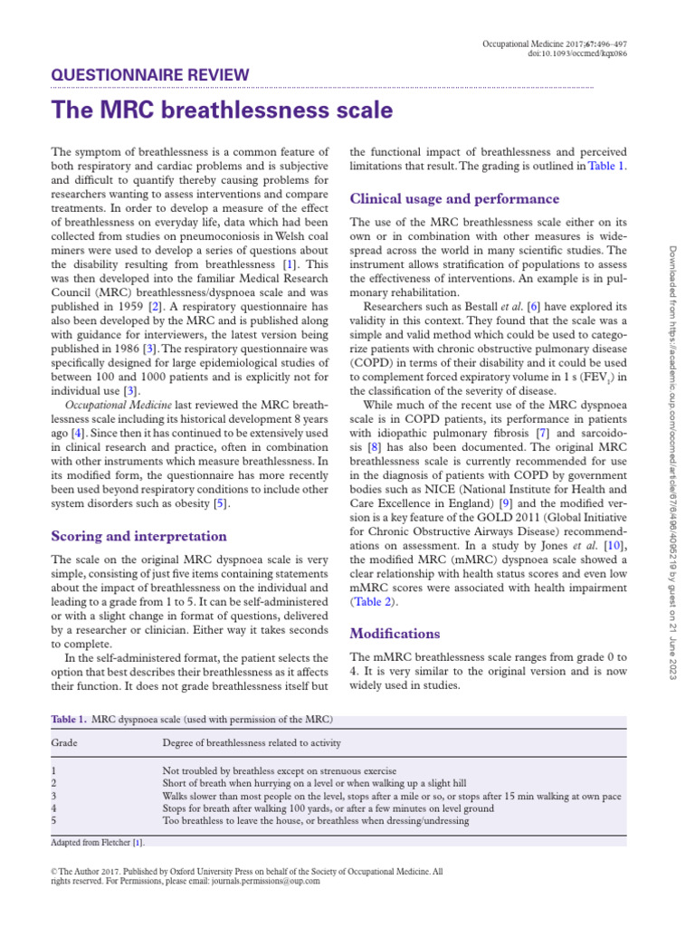 MRC Breathless Scale | PDF | Chronic Obstructive Pulmonary Disease ...