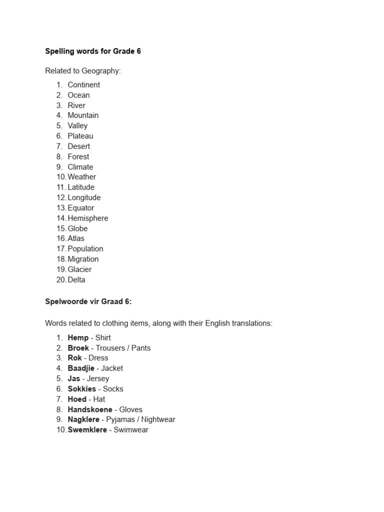Spelling Words For Grade 6 | PDF