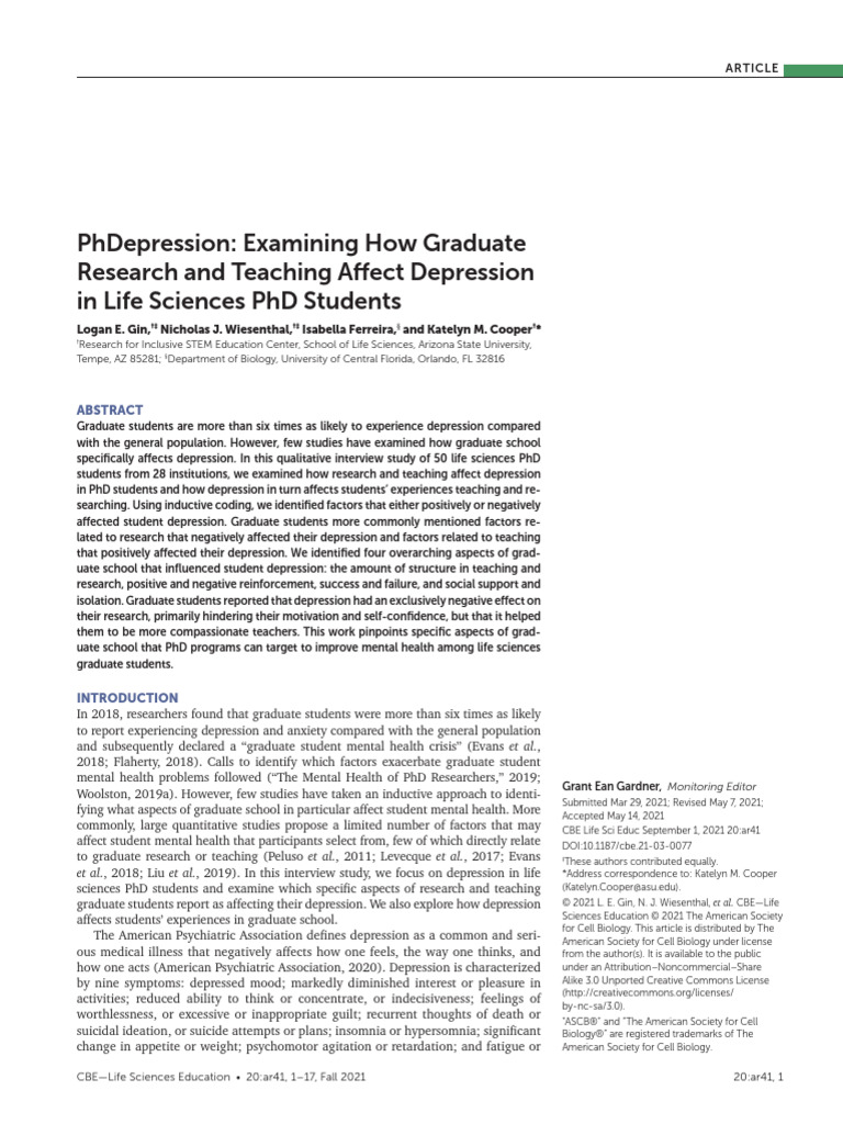 Gin Et Al 2021 Phdepression Examining How Graduate Research and ...