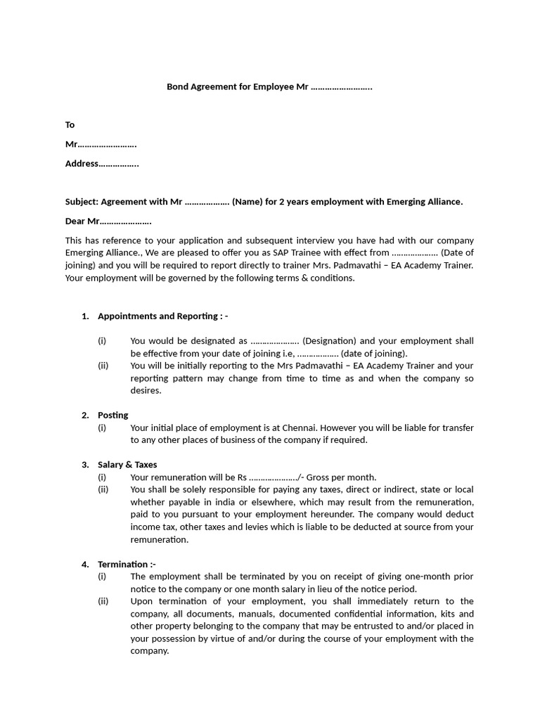 Bond Agreement For Employees-Draft | PDF | Employment | Salary