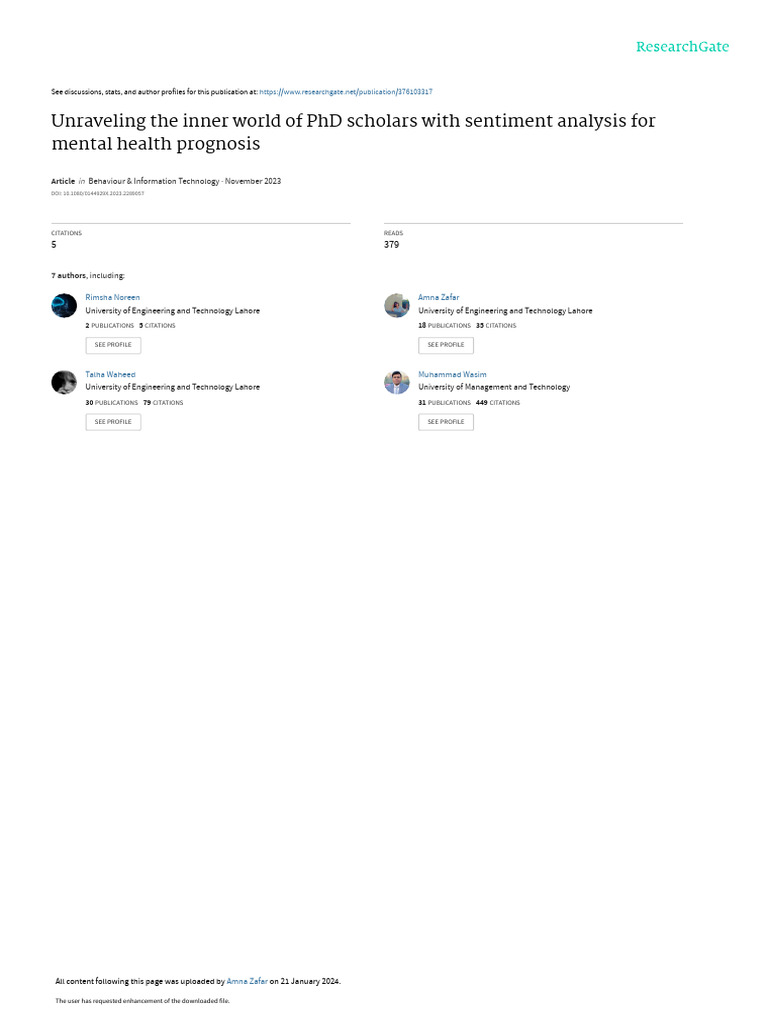 Unraveling The Inner World of PHD Scholars With Sentiment Analysis For Mental Health Prognosis ...