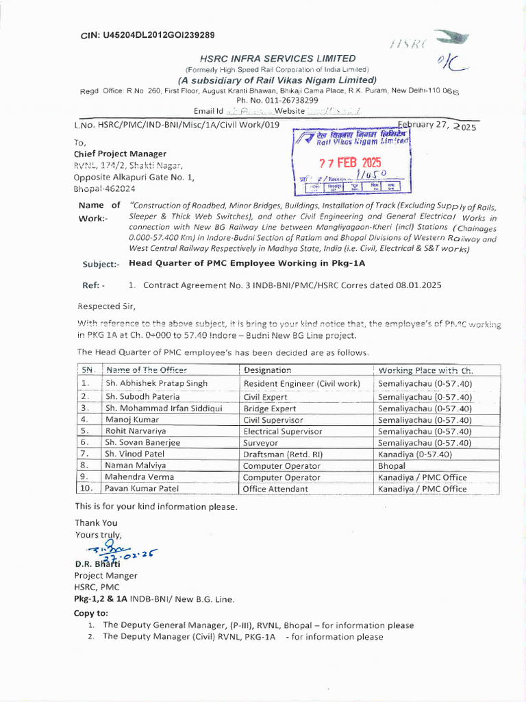 019 - RVNL - Head Quarter of PMC Employee Working in Pkg-1A | PDF