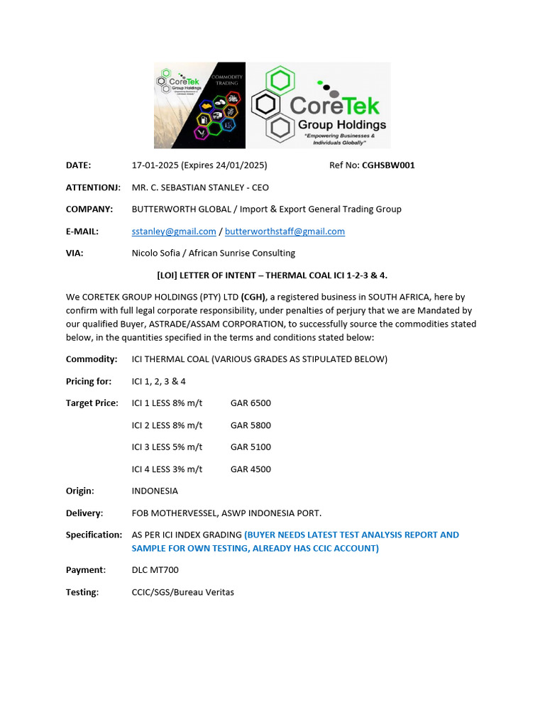Indonesia Coal Ici 1-2-3-4 Loi Coretek GH & Butterworth Global Cghsbwg001 | PDF | Economies ...