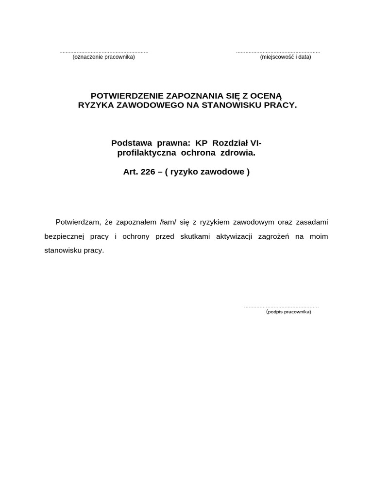11_oswiadczenie_ o Ryzyku Zawodowym | PDF