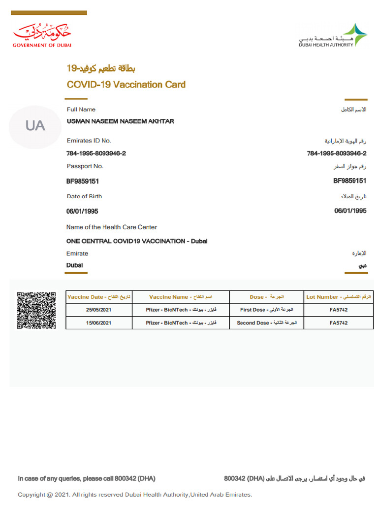 Usman Naseem Covid Certificate | PDF