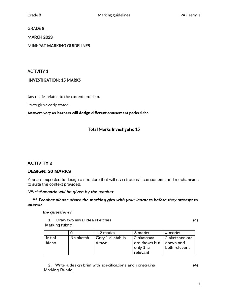 Grade 8 PAT 1 Term 1 2023 - Marking Guidelines | PDF