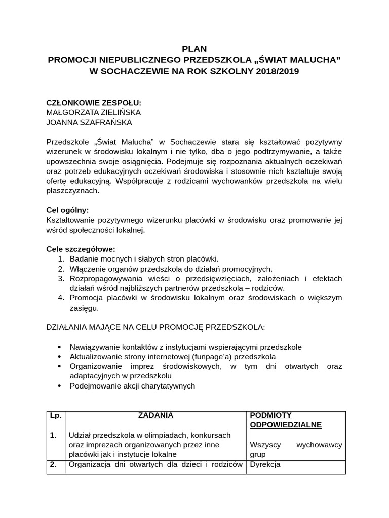 Plan Promocji 2018 2019 | PDF
