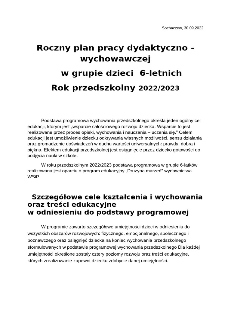 Plan Roczny 6latki Krasnale | PDF