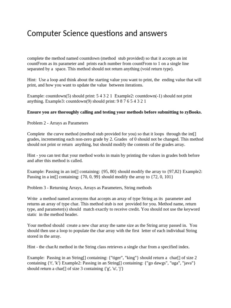 complete the method named countdown (method stub provided) so that it ...