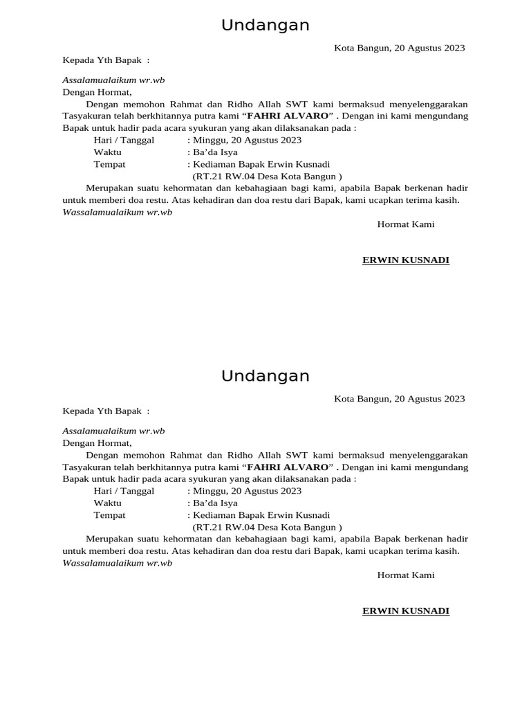 Undangan Kenduri Khitanan Reza Pratama Khitan | PDF