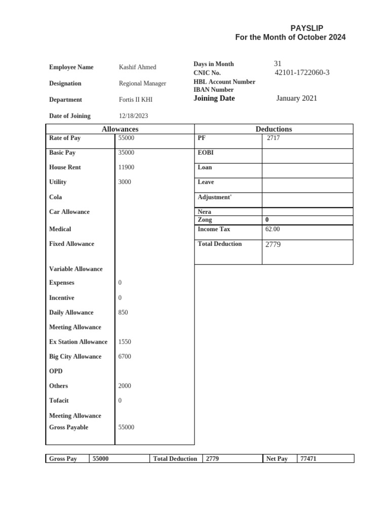 Kashif Pay Slip | PDF