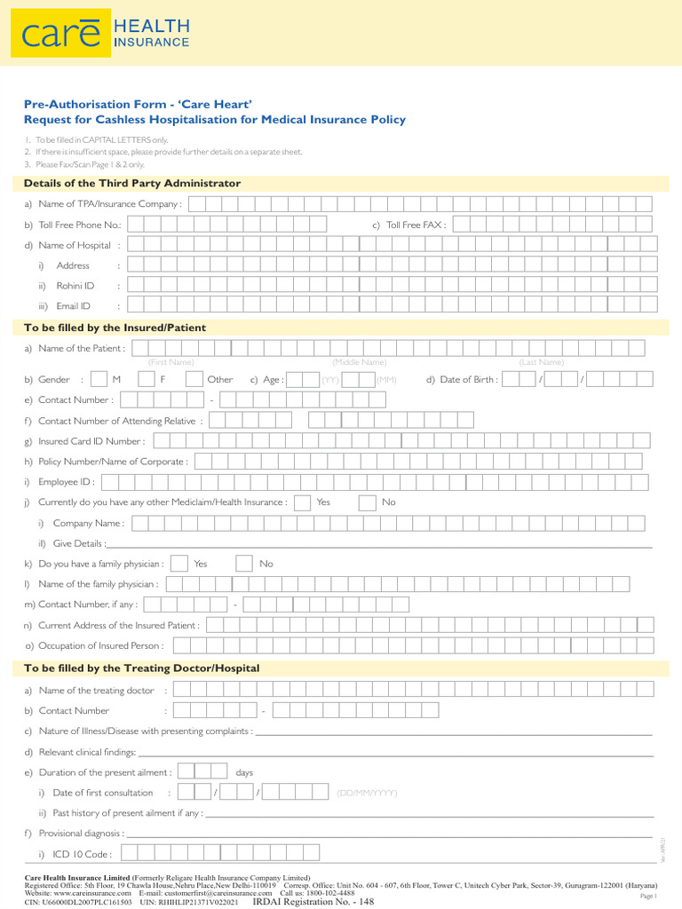 Care Health Insurance Pre-Auth Form | PDF | Insurance | Hospital