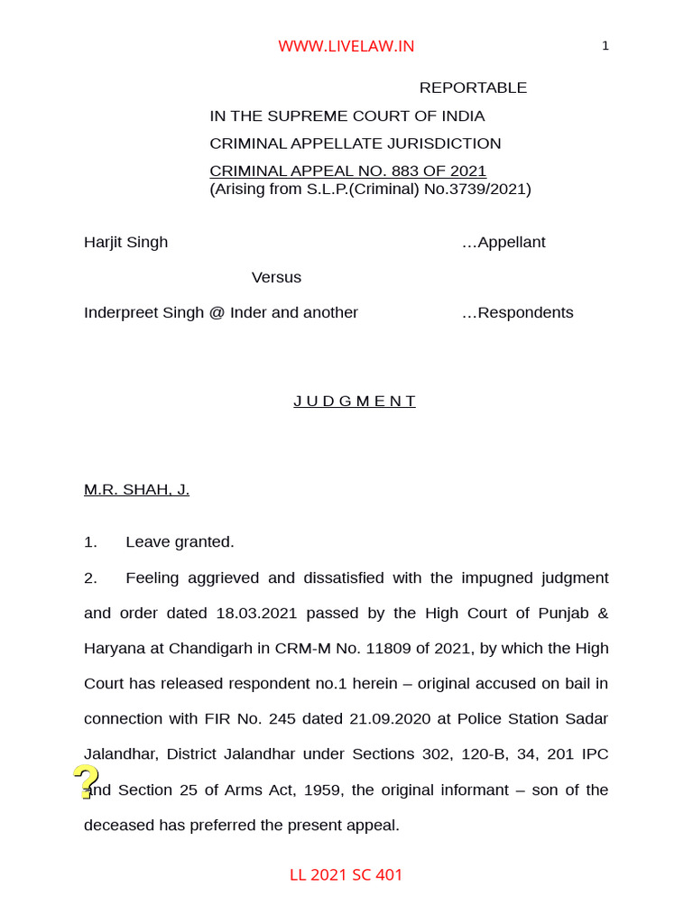 Harjit Singh Vs Inderpreet Singh Inder LL 2021 SC 401 399254 | PDF | Bail | Reasonable Doubt