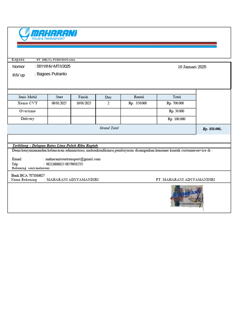 Contoh Invoice Sewa Mobil 2025 | PDF