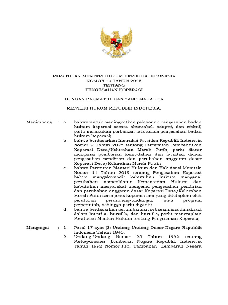 Permenkum 13 TH 2025 TTG Pengesahan Koperasi | PDF