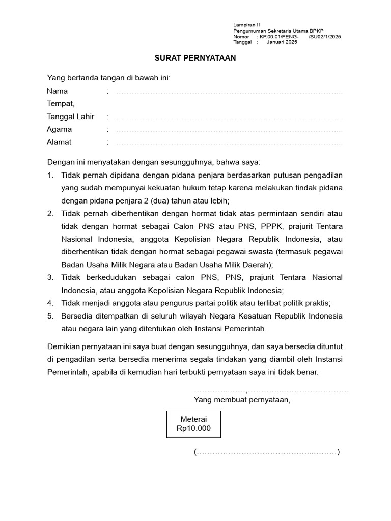 Lampiran II Surat Pernyataan BPKP | PDF