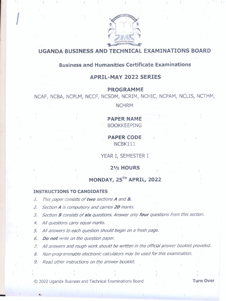 Ubteb Past Paper Ncbk111 Book Keeping0001 April 2022 | PDF