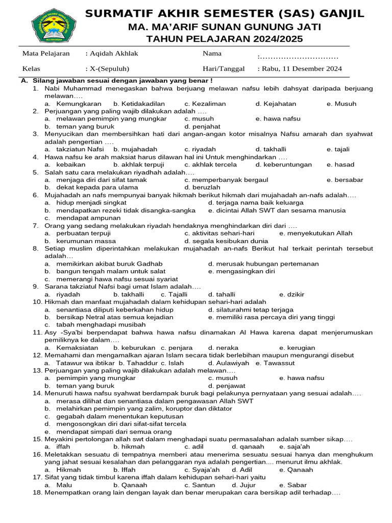 Soal AQDH X SAS GANJIL 2024 | PDF