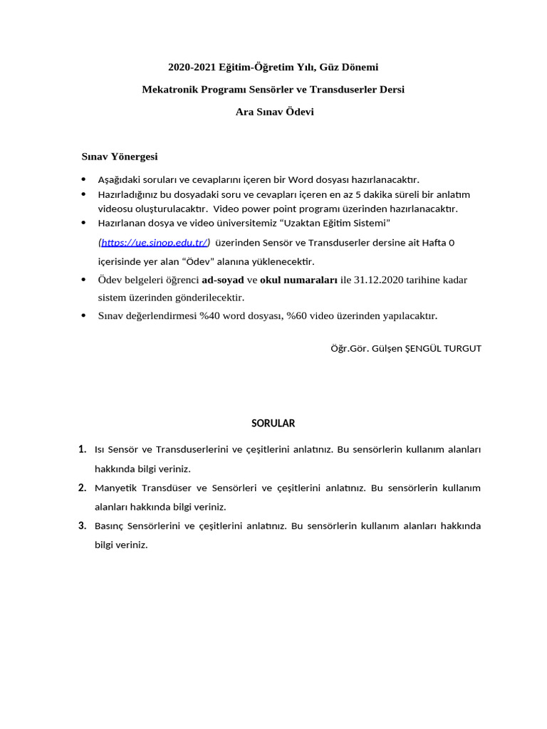 Sensor Ve Transduserler Vize Odevi | PDF