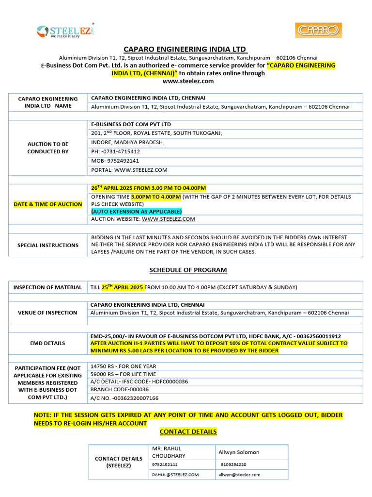 CAPARO_ENGINERRING_INDIA_LTD_CHENNAI_26TH_APRIL_25 | PDF | Auction