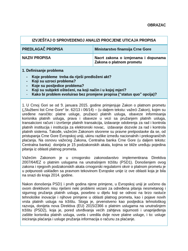 RIA OBRAZAC Za Zakon o Izmjenama I Dopunama Zakona o Platnom Prometu | PDF