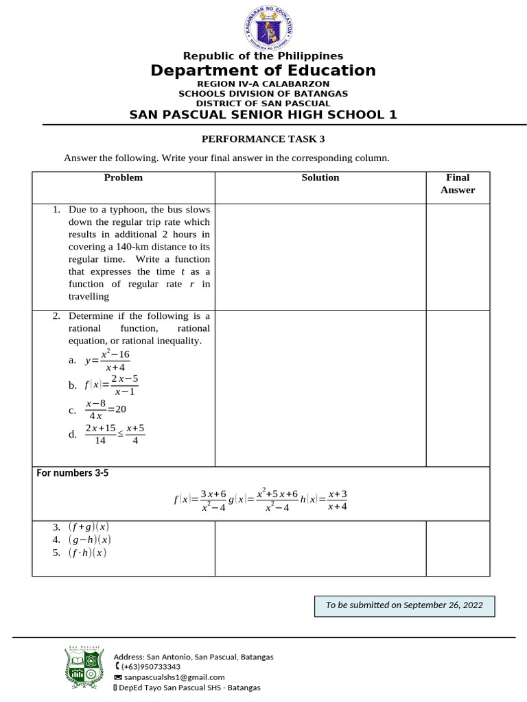 Senior High School Math Performance Task | PDF