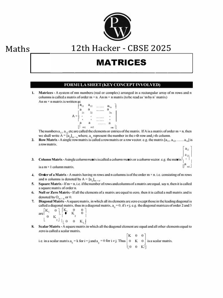##_Matrices_Formula Sheet 12th math for boards | PDF | Matrix ...