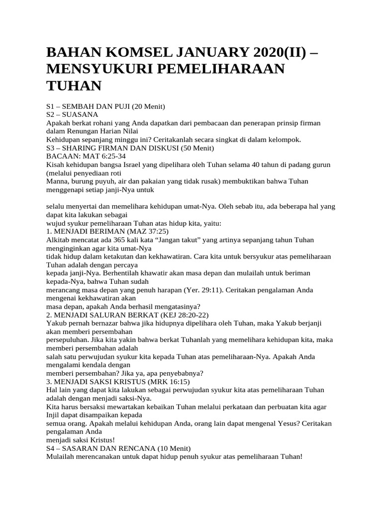 Mensyukuri Pemeliharaan Tuhan Bahan Komsel January 2020 | PDF
