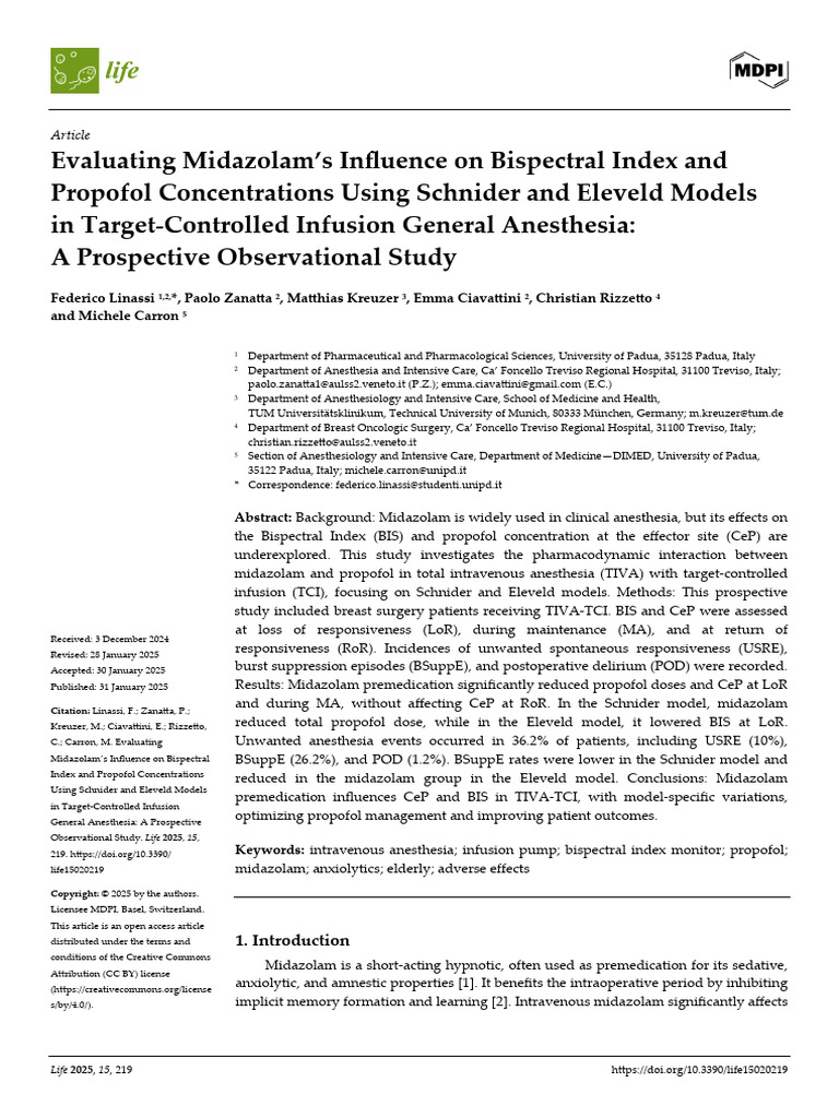 (Linassi) Evaluating Midazolam's Influence On BIS and Propofol ...