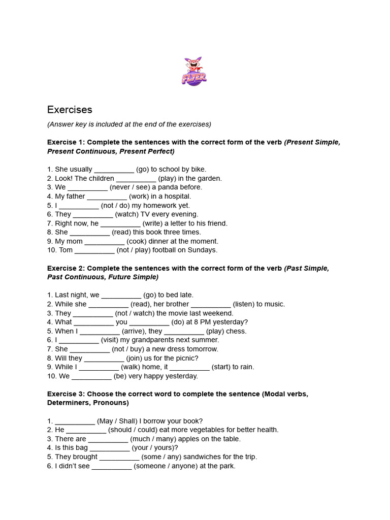 A2 Flyers Grammar Practice Exercises With Answer Key | PDF | Verb | Linguistic Morphology
