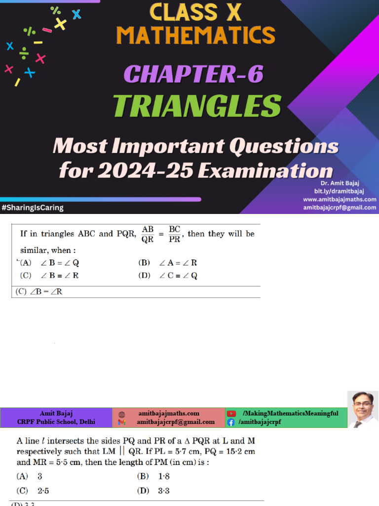 Class X TRIANGLES Important Questions For 2024-25 Examination (Dr. Amit Bajaj) | PDF | Schools ...