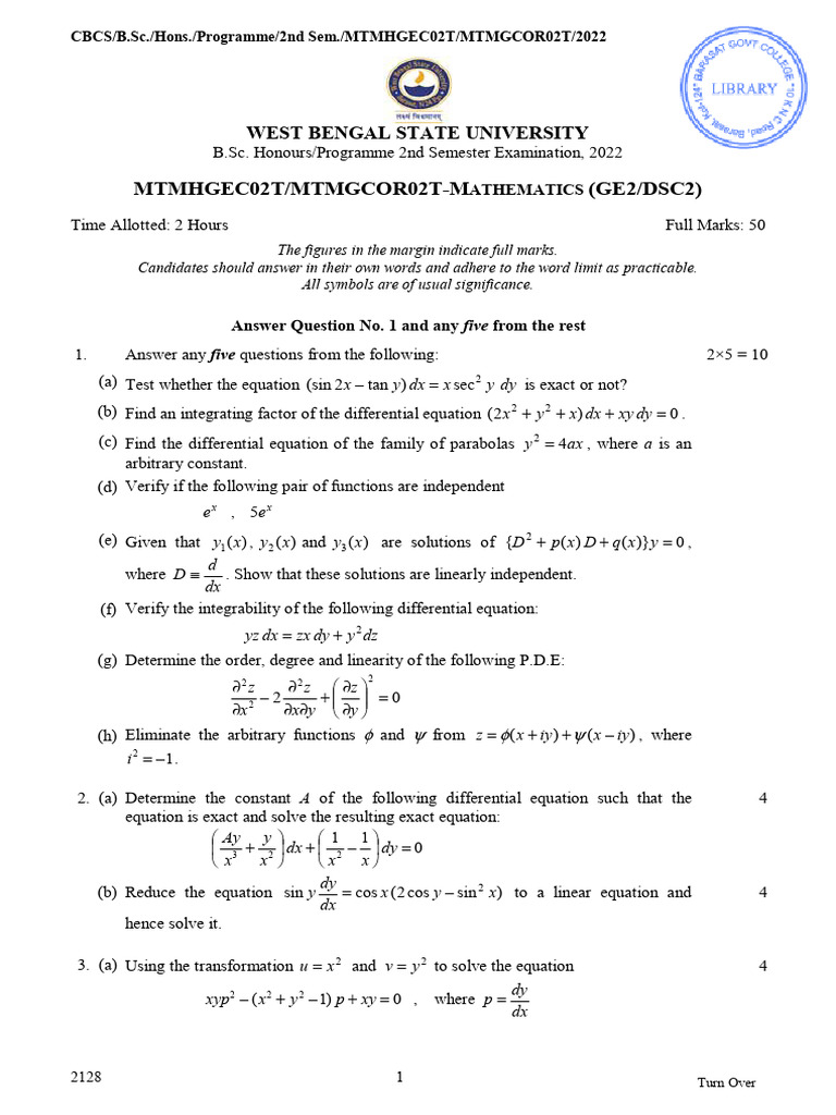 Mathematics (Gen) Question (WBSU) - SEM2 - MTMG - 2018-22 - Library | PDF | Equations | Ordinary ...