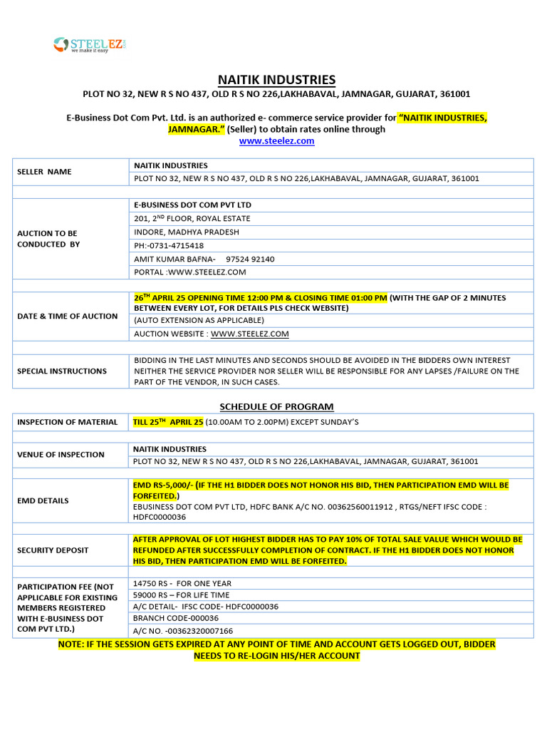 Naitik Industries E-Auction Details | PDF | Auction