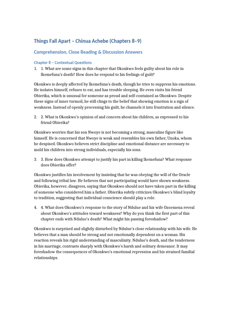 Things Fall Apart Ch8 9 Answers | PDF | Psychology | Behavioural Sciences