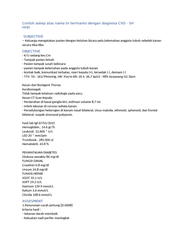 Contoh Askep Atas Nama TN Hermanto Dengan Diagnosa CVD | PDF
