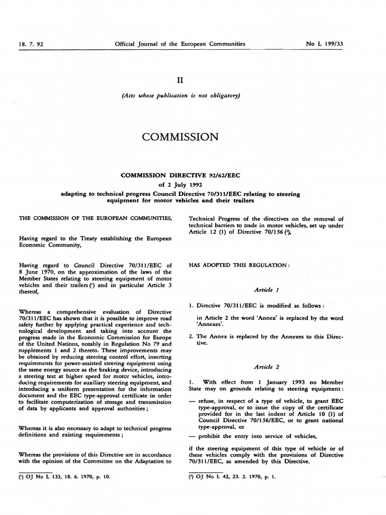 Directive 92/62/EEC on Steering Equipment | PDF | Semi Trailer Truck ...