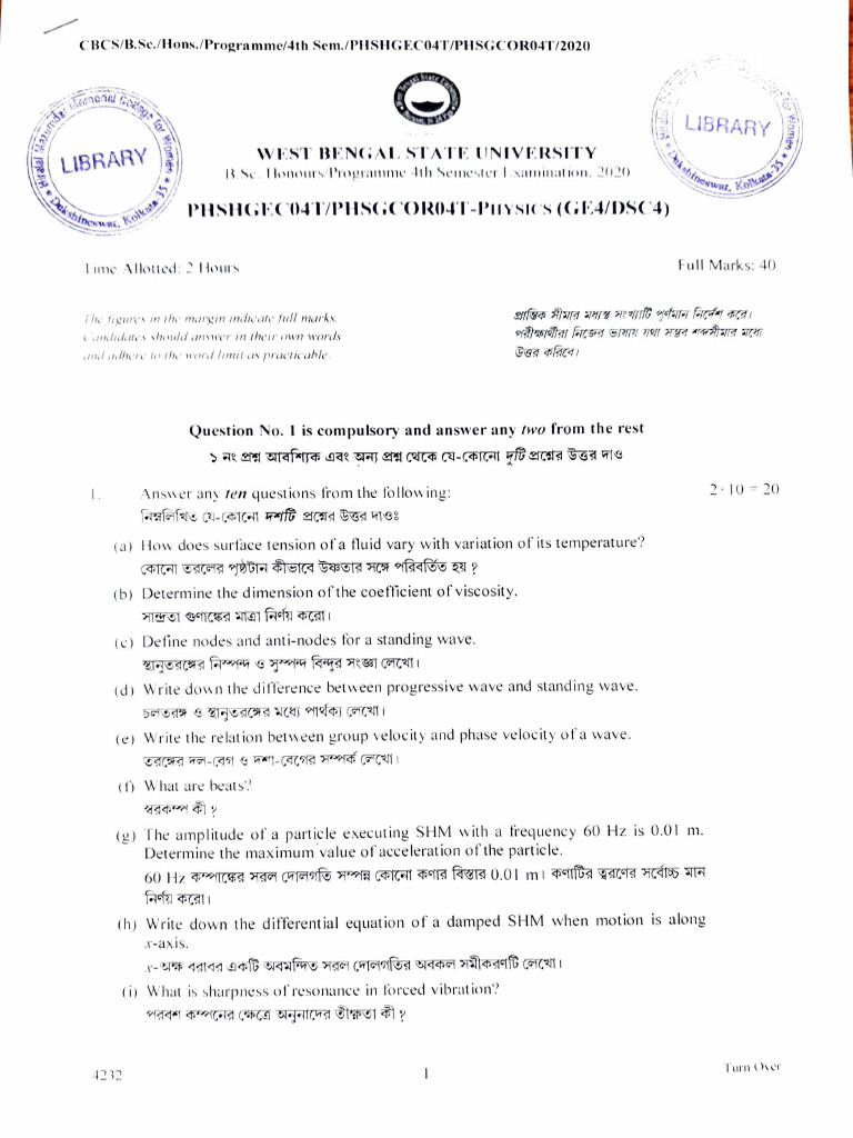 Physics Sem4 GE4 DSC4 2020 | PDF | Waves | Diffraction