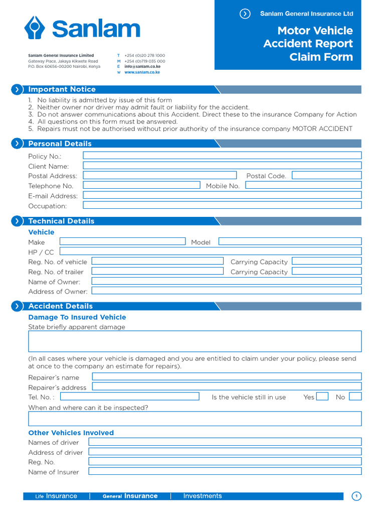 SANLAM Vehicle Accident Report Claim Form | PDF | Insurance | Driver's License
