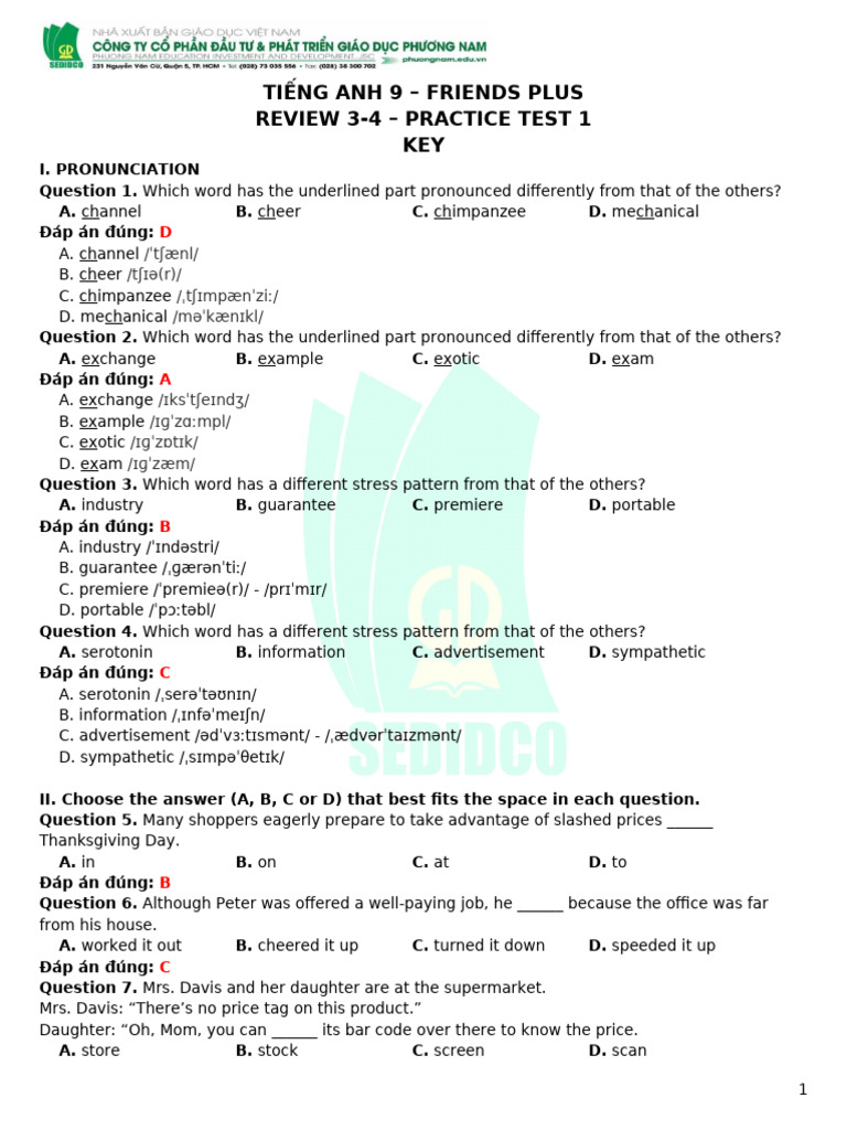TA 9 Friends Plus Review 3-4 Practice Test 1 (2025 Format) - KEY | PDF ...