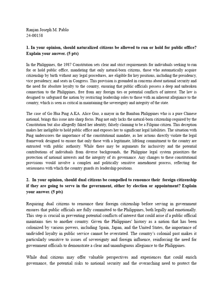 Constitutional Law 1 - Assignment #4 PABLO | PDF | Background Check | Citizenship