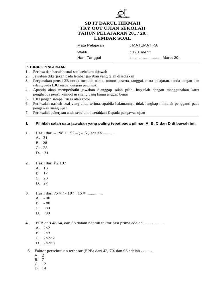soal tryout 1 math | PDF
