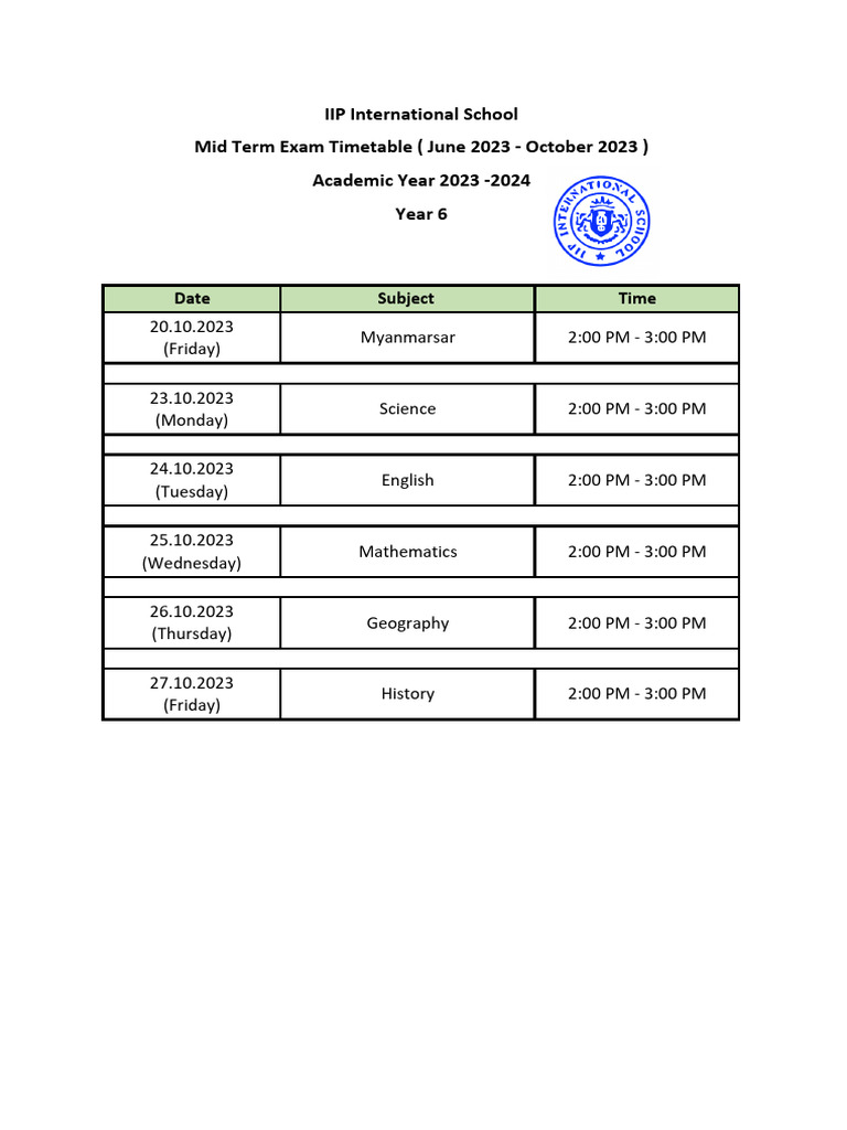 Year 6 Mid Term Exam Timetable | PDF