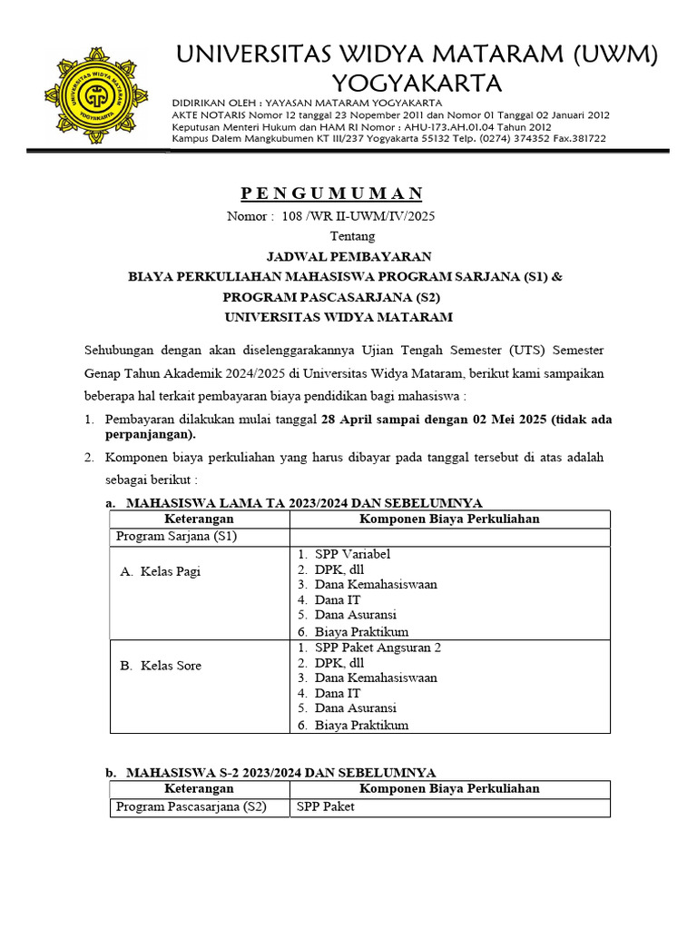 Jadwal Pembayaran Biaya Kuliah UWM | PDF