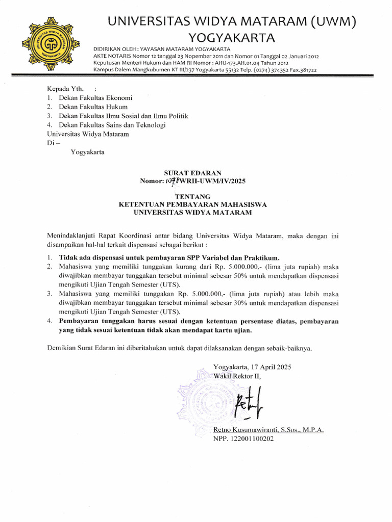 107 WR II UWM 2025 IV SURAT EDARAN Ketentuan Pembayaran Mahasiswa UWM | PDF