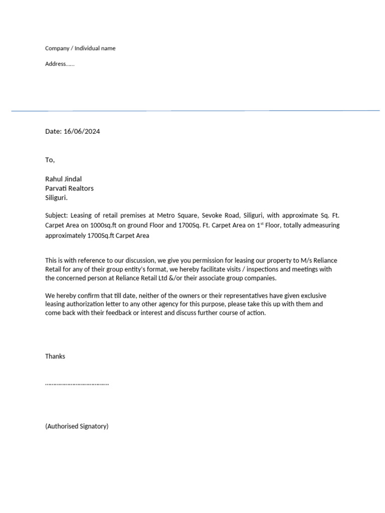 Metro Square Representation Letter | PDF