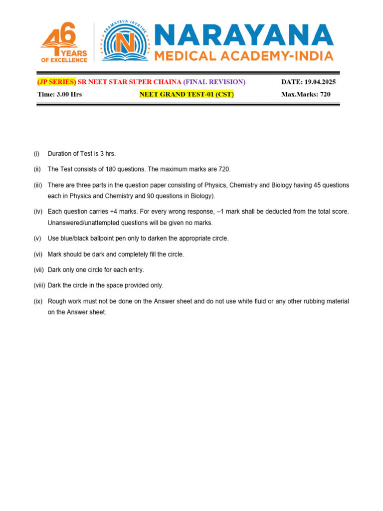 (Special Grand Test-1) - SR Neet Star Super Chaina Q.P Ex - Dt. 19.04. ...