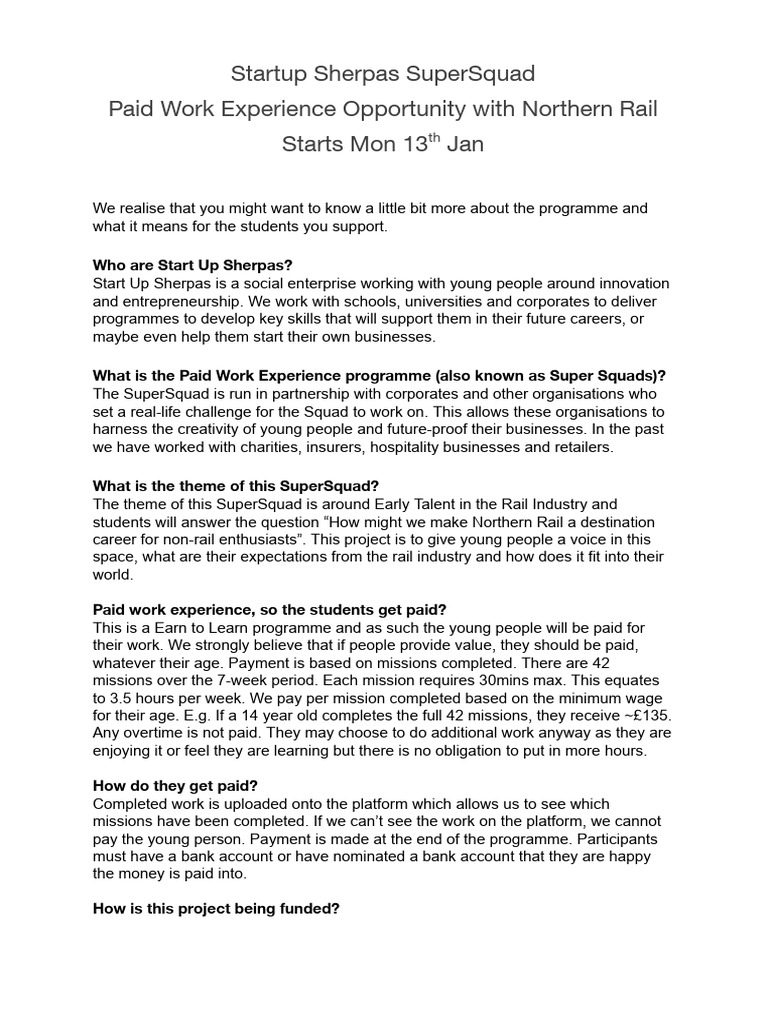 Paid Work Experience for Students in Rail | PDF | Economies | Business