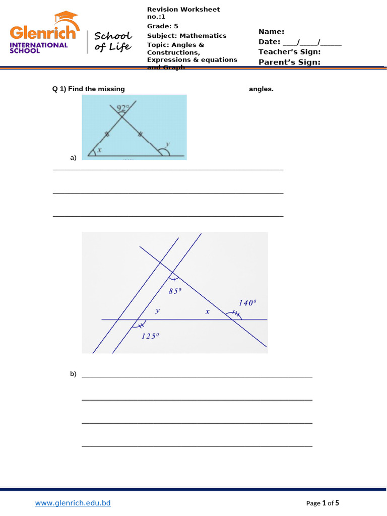 G5 - Revision Worksheet On Angles and Expression & Equation | PDF ...
