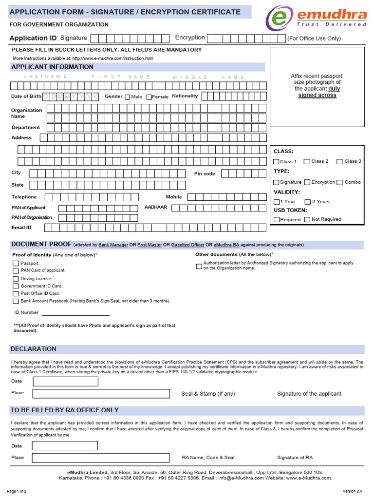 Emudra Form (Government) New | PDF | Identity Document | Authentication