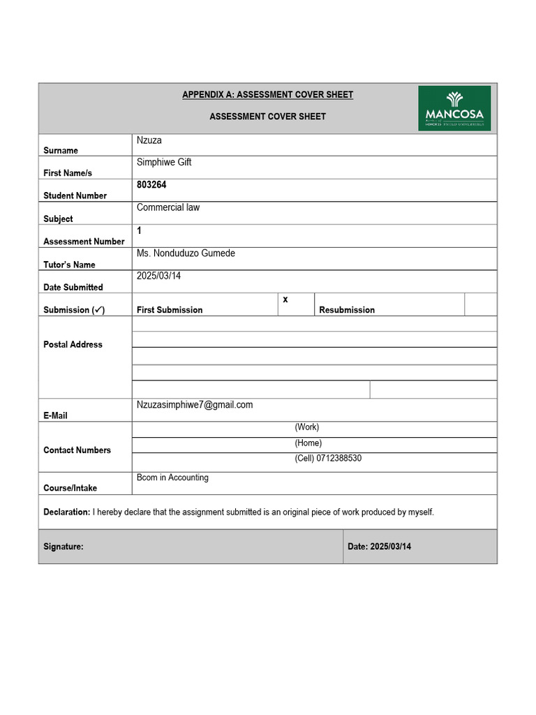 Simphiwe Gift Nzuza 8348789 0 | PDF | Loans | Mortgages